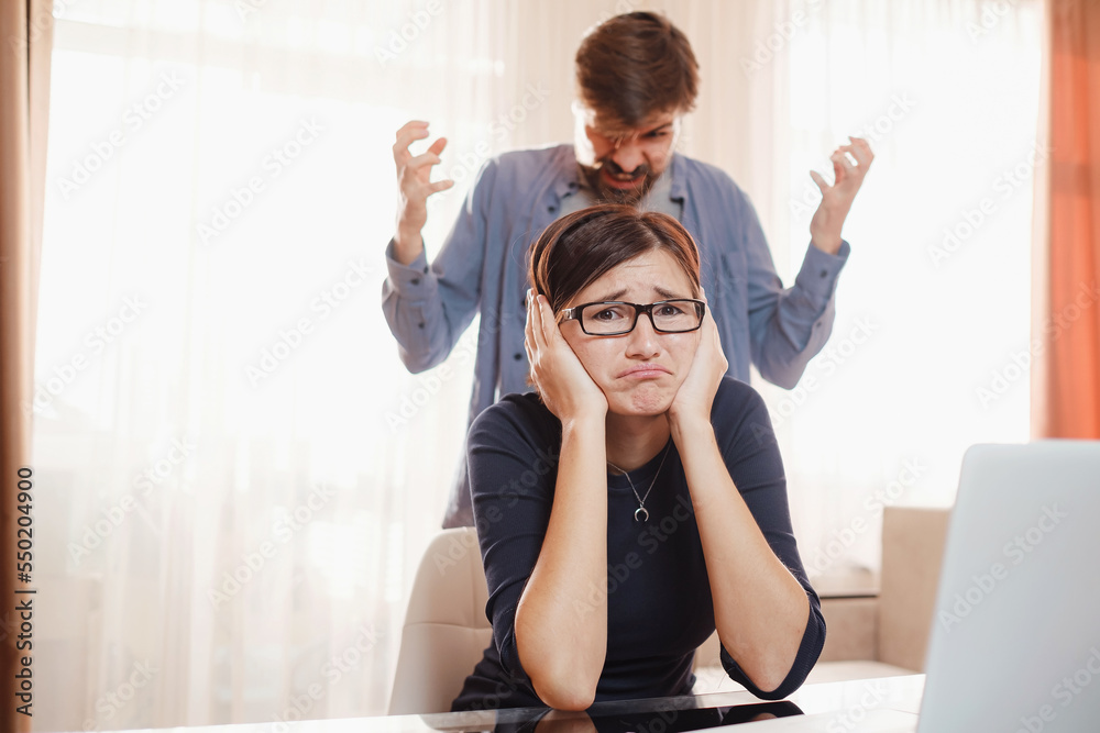 Portrait of attractive mad furious coworkers having fight crisis ...