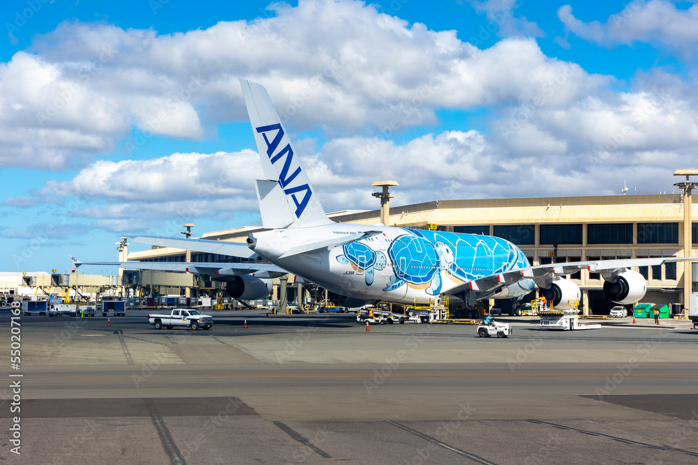 ANA Flying Honu Airbus A380 at Honolulu Daniel K. Inouye International ...