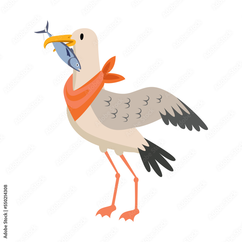 Seagull captain with fish in beak cartoon illustration. Funny bird in ...