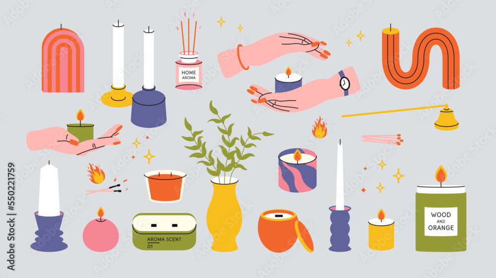 Cartoon candle set. Various wax scented candlelight elements, hand ...