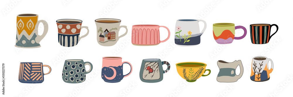 Collection of different modern cups decorated with trendy design ...