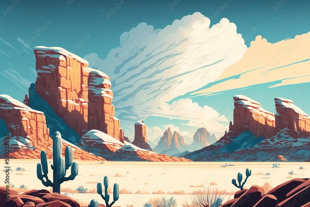 Desert valley landscape covered in snow, towering sandstone rock ...