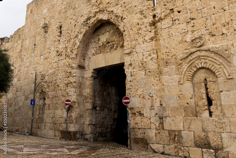 Zion Gate. Israel.Bullet holes in the wall of the old city of Jerusalem ...