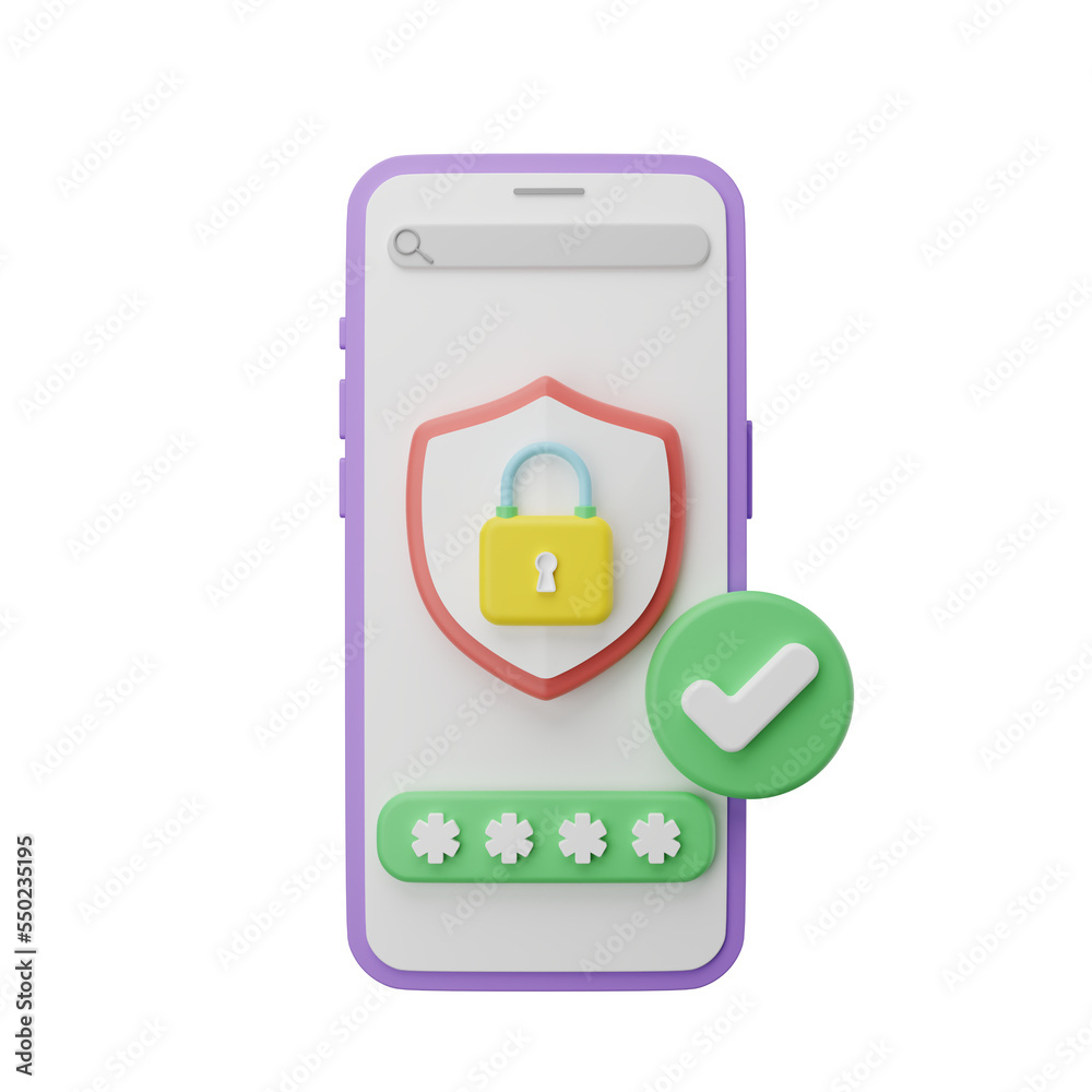 3D rendering illustration Cartoon minimal Modern Smartphone with Shield ...
