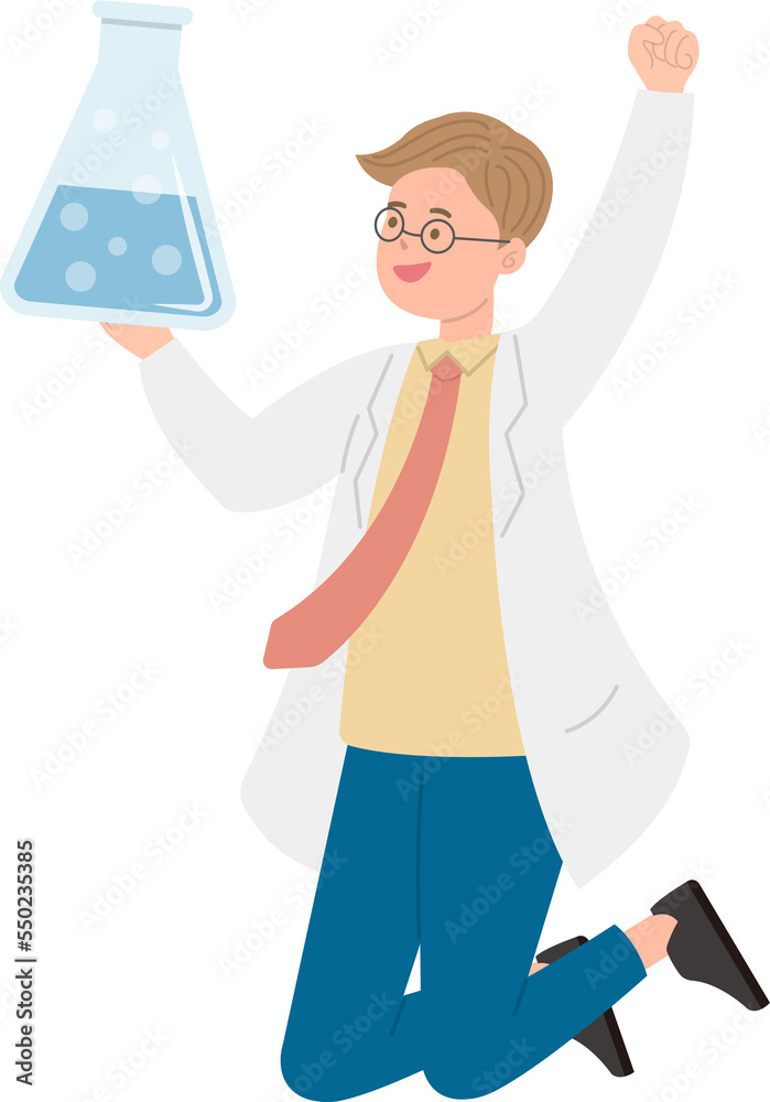 Paramedic or doctor or scientist man raised hands happy jumping with ...