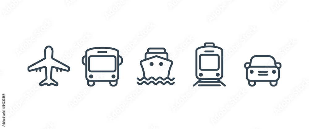Transport icons. Walk man, Bike, Airplane, Public bus, Train, ShipFerry ...