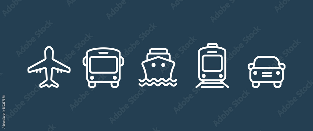 Transport icons. Walk man, Bike, Airplane, Public bus, Train, ShipFerry ...