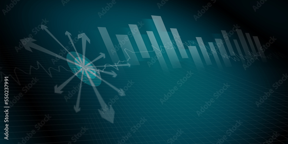 abstract blue background with wave on black market graph on black ...