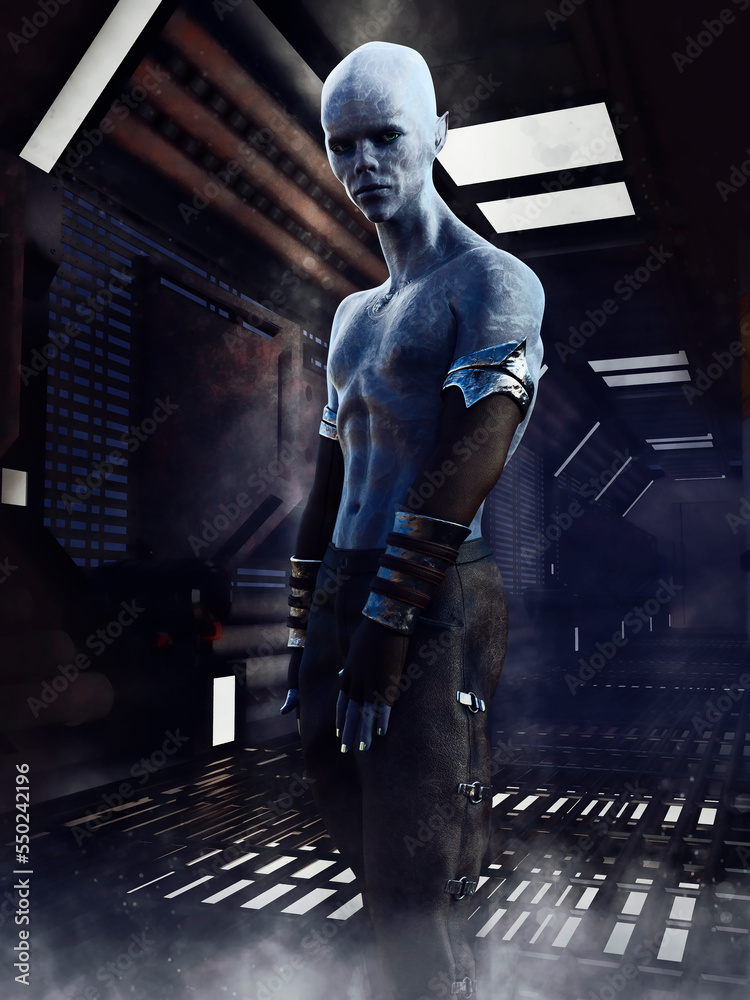 ภาพประกอบสต็อก Alien man with blue skin standing in a dark corridor of ...