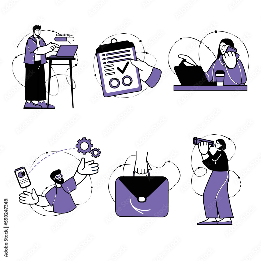 Vetor de Violet flat line concept Work Flow with people scene in the ...