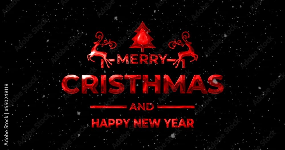 Merry Christmas. Animation text with snowing particles in red metal on ...