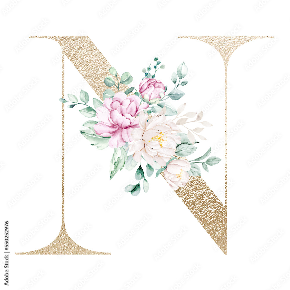 Floral alphabet, gold letter N with watercolor flowers and leaf ...