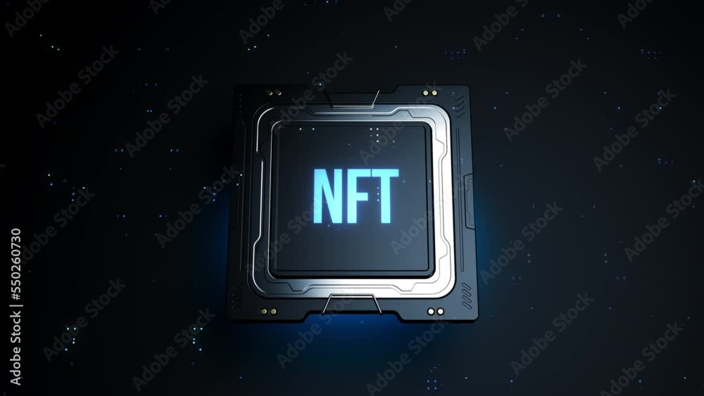 high power cpu with a header on the lid of the NFT. concept animation ...