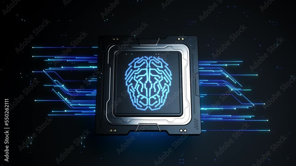 A high-powered CPU with an image on the lid of the human brain. a ...