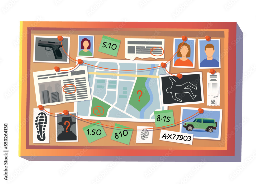 Detective board with photos, map, fingerprints, newspapers, and ...