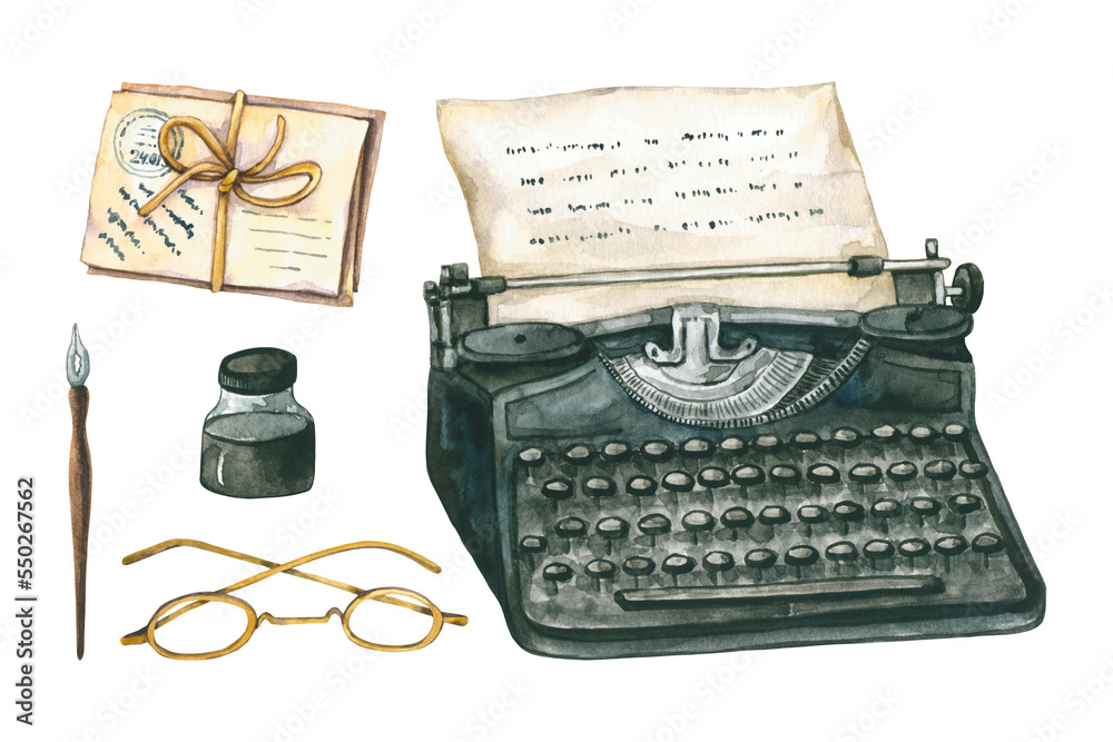 Watercolor typewriter, glasses, pen, ink, letter. Hand drawn ...
