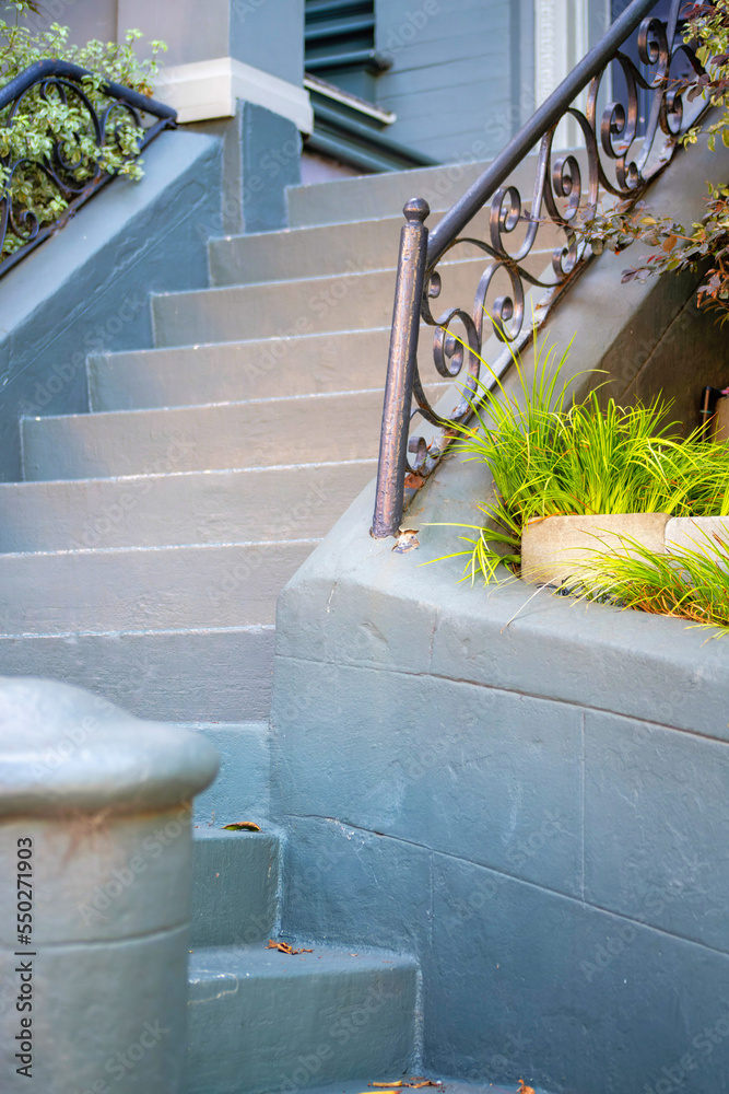 Gray cement stairs with black metal hand rail and front yard potted ...