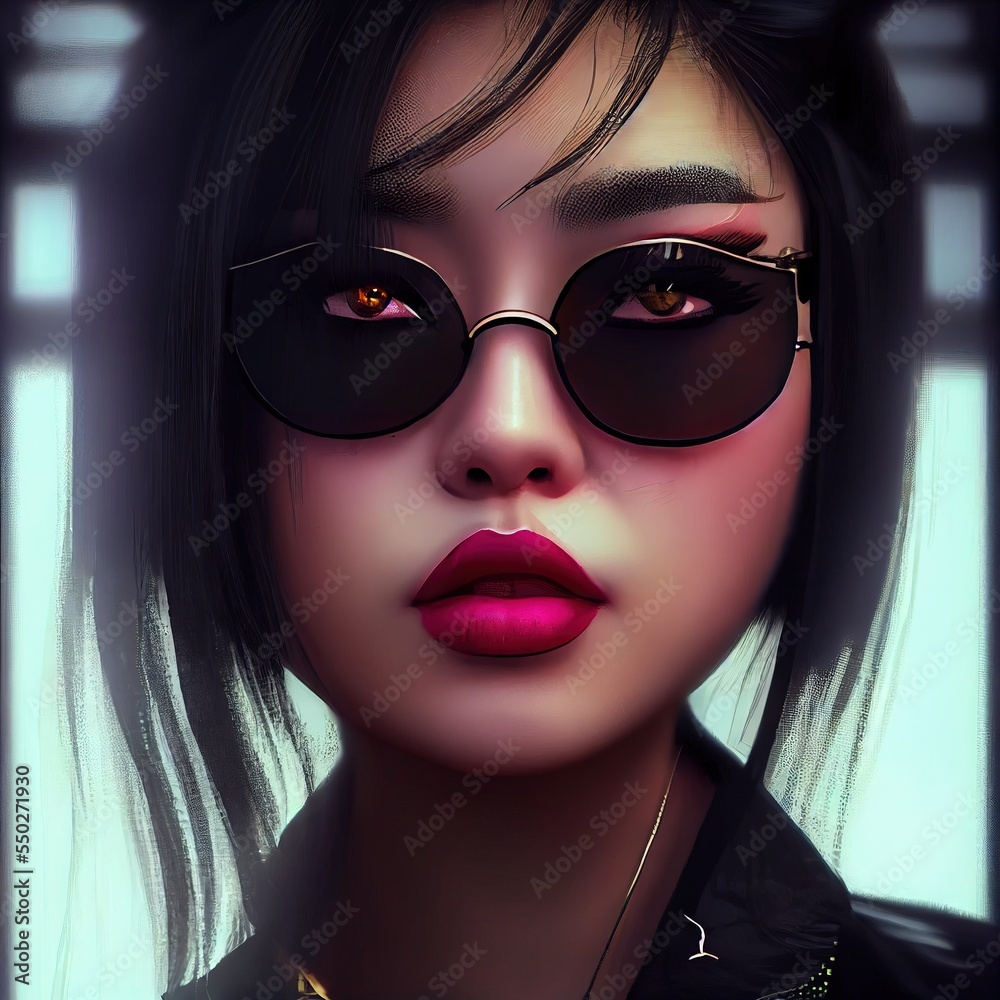 Portrait of a beautiful female secret agent in a black leather jacket ...