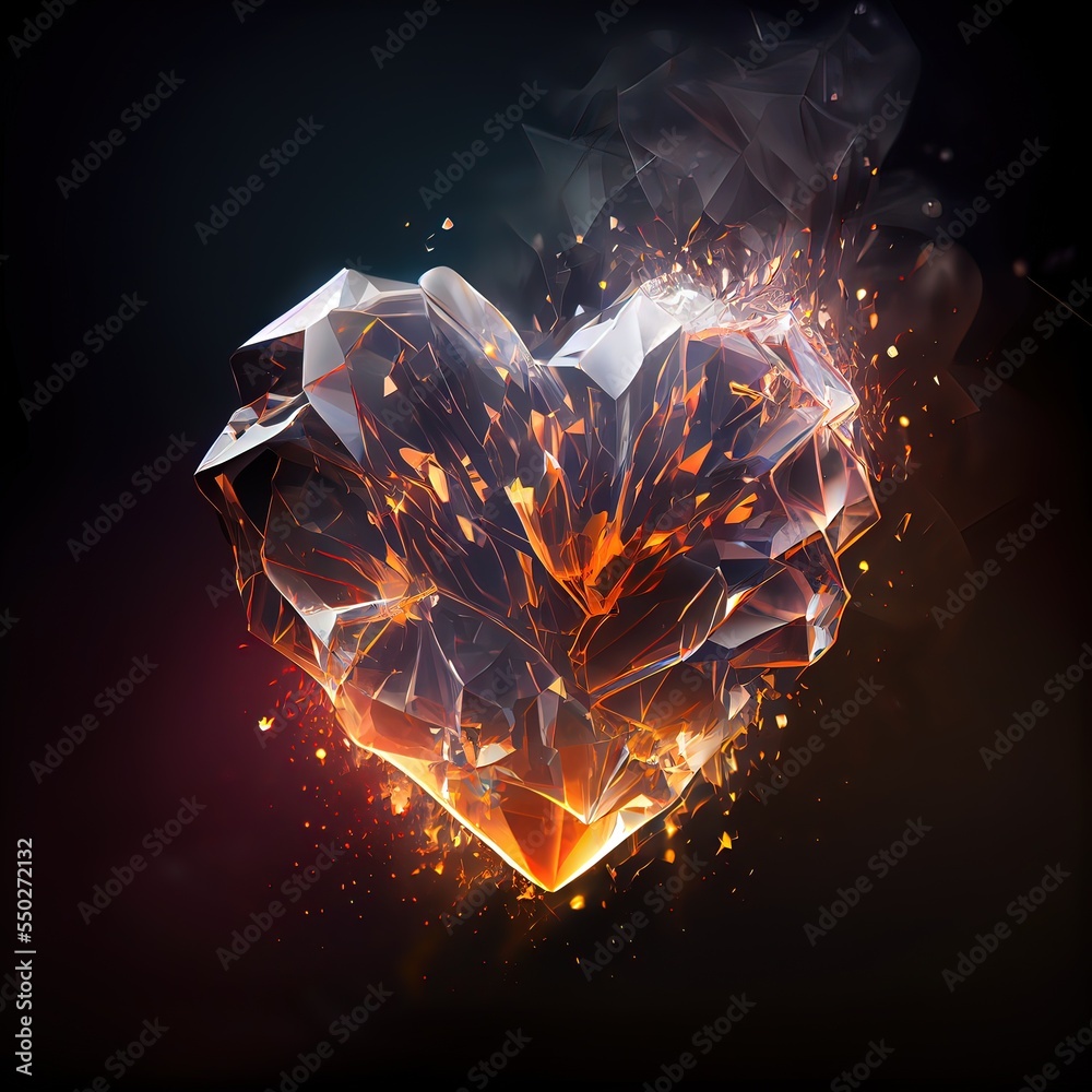 Exploding brilliant crystal heart isolated on black background. Ice and ...
