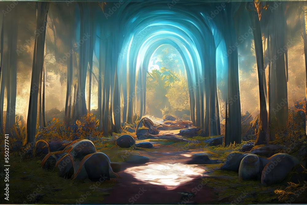 magical portal under an ancient stone arch located in the jungle. Wild ...