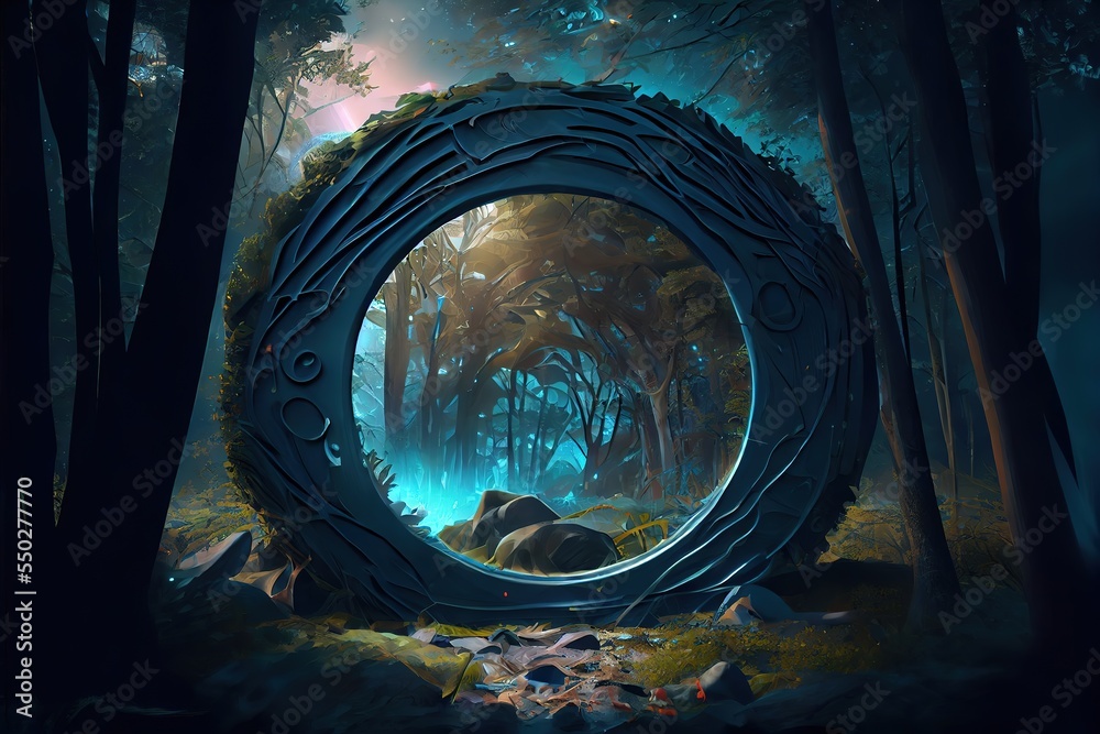 magical portal under an ancient stone arch located in the jungle. Wild ...