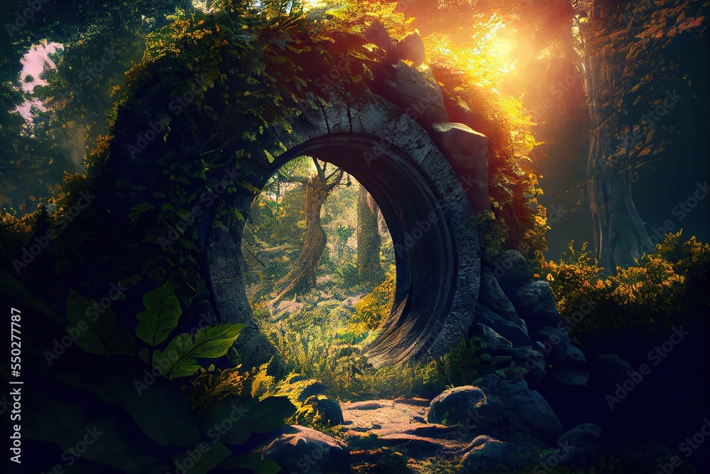 magical portal under an ancient stone arch located in the jungle. Wild ...
