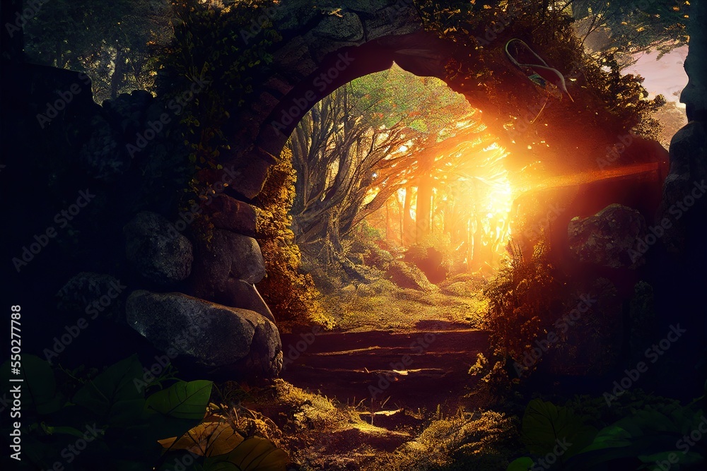 magical portal under an ancient stone arch located in the jungle. Wild ...