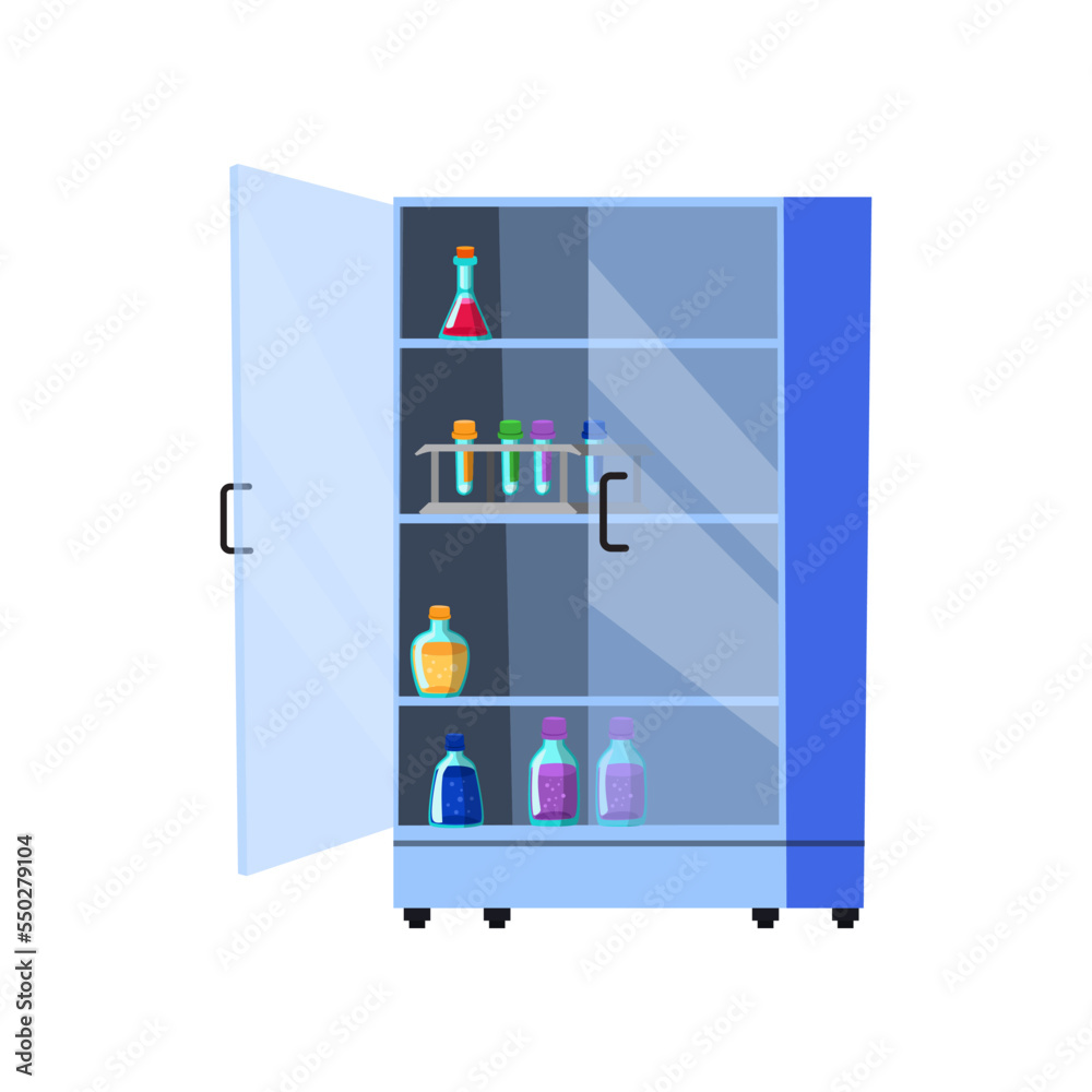 Science lab cabinet with flasks vector illustration. Cartoon drawing of ...