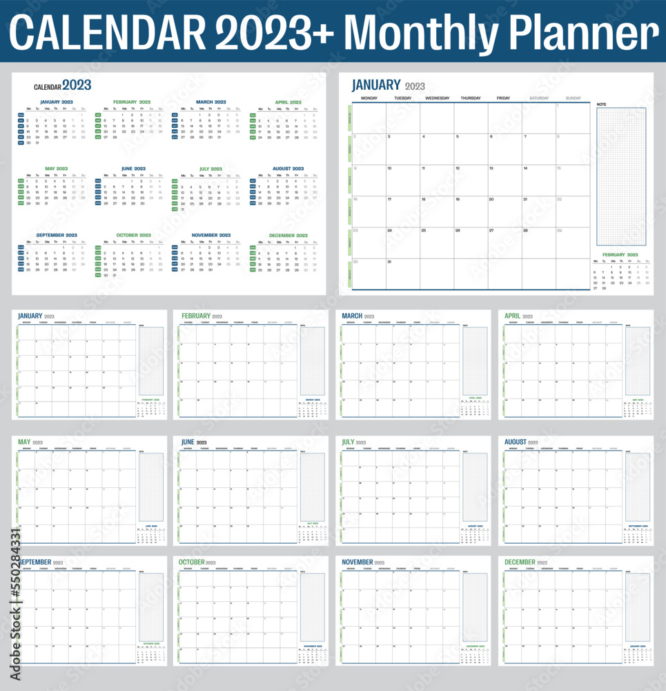 2023 calendar template. Vector planner calendar with notes and place ...