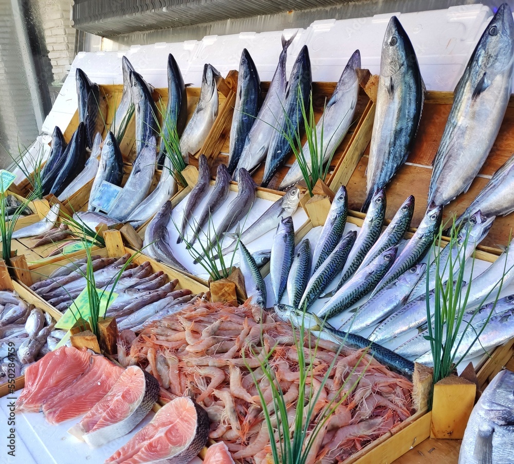 The market for marine fish. Street market. Sale of fresh fish. Freshly ...