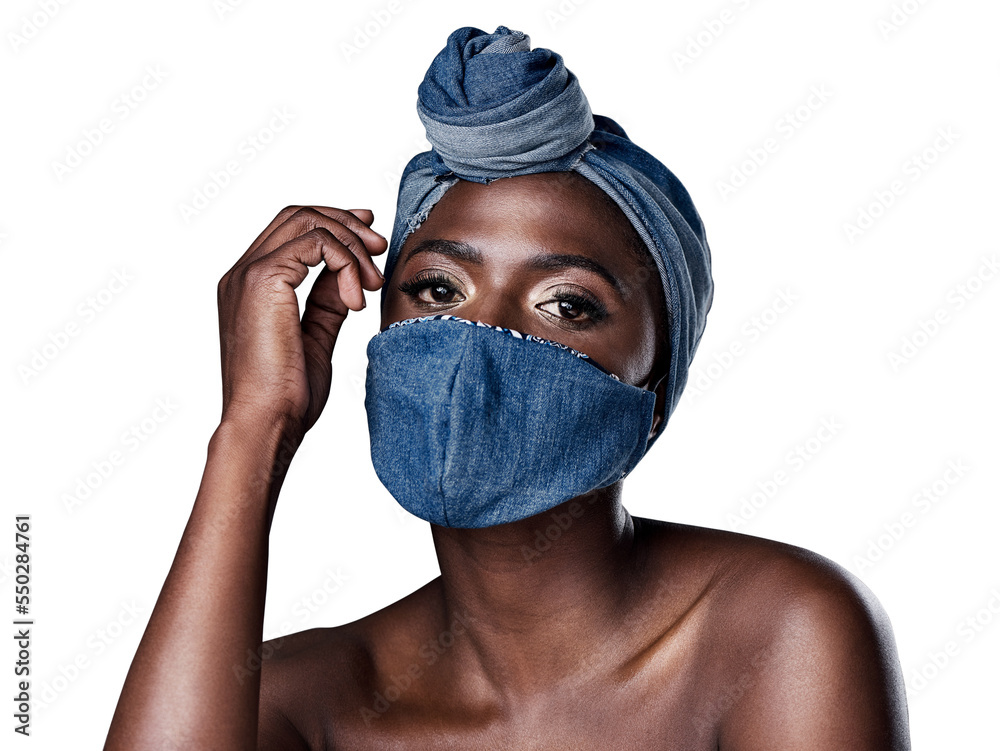 Shot of a beautiful young woman wearing a denim head wrap and mask ...