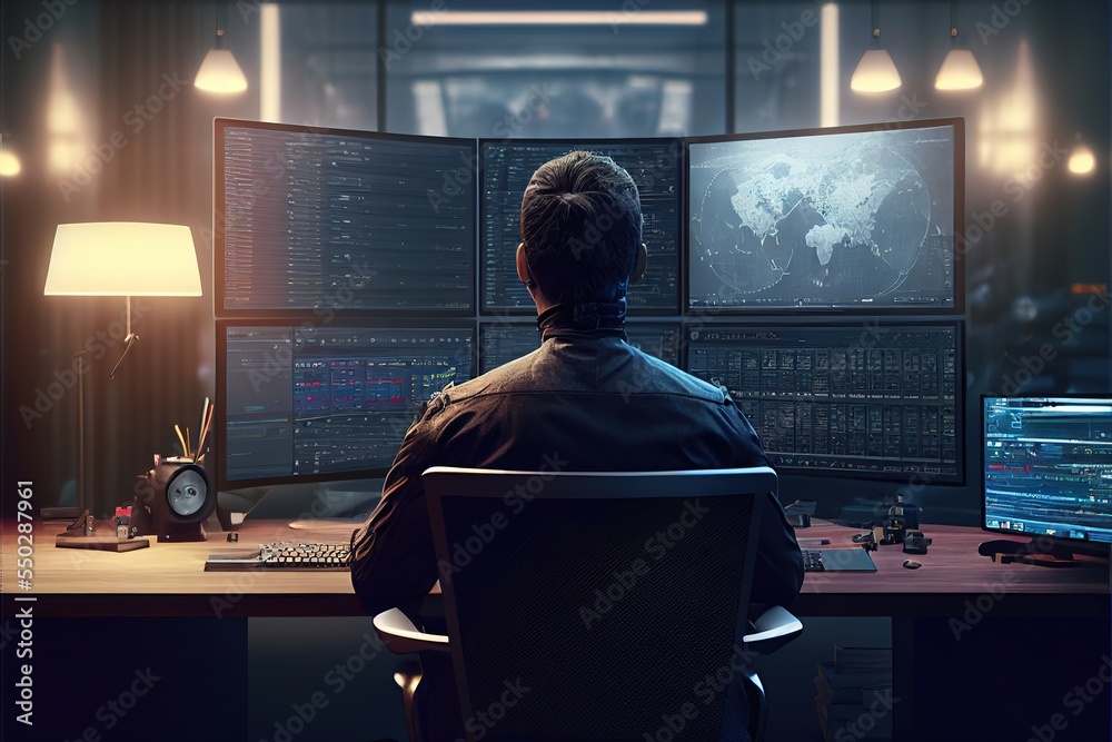 security officer at workplace, analyses data on media screens, rear ...