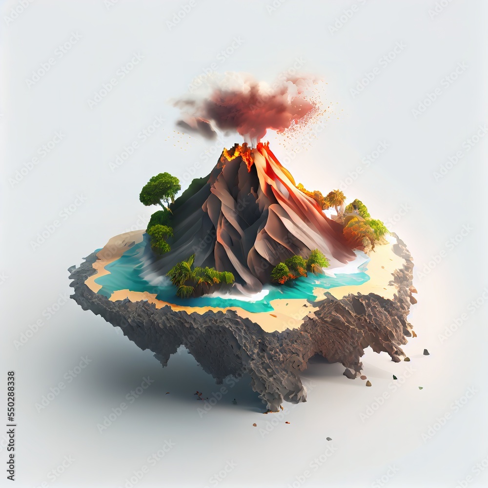 Eruption of volcano, beautiful cartoon isometric diorama of natural ...