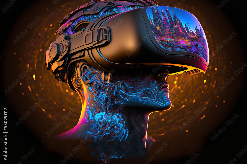 Metaverse concept and virtual world elements. Silhouette of a human ...