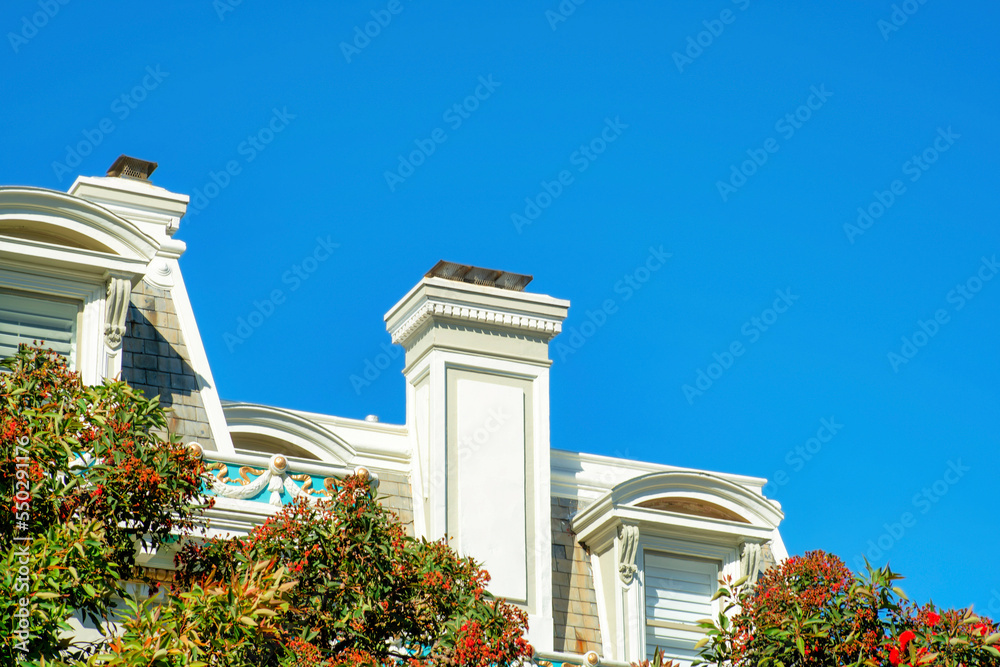 Visible white chimneys with victorian style on white house or buildings ...
