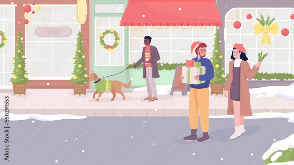 Animated decorated city illustration. Seasonal holiday preparation ...