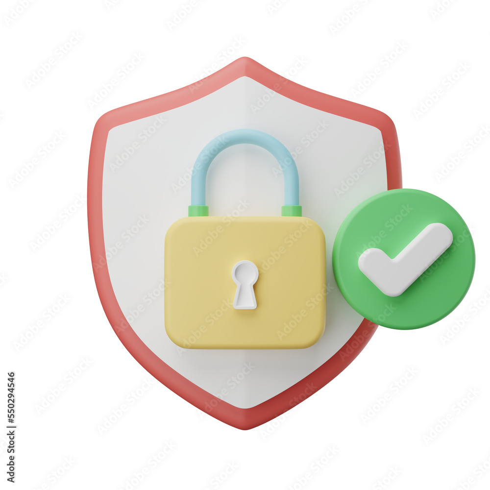 3D rendering illustration Cartoon minimal Shield with padlock and check ...
