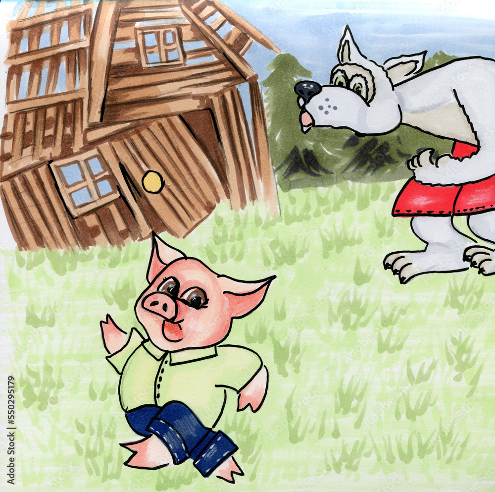 Watercolor hand drawn three pigs. Story. Illustrations and a cover ...
