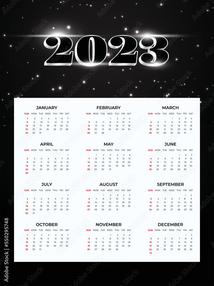 2023 new year calendar with black and silver text design Stock Vector ...