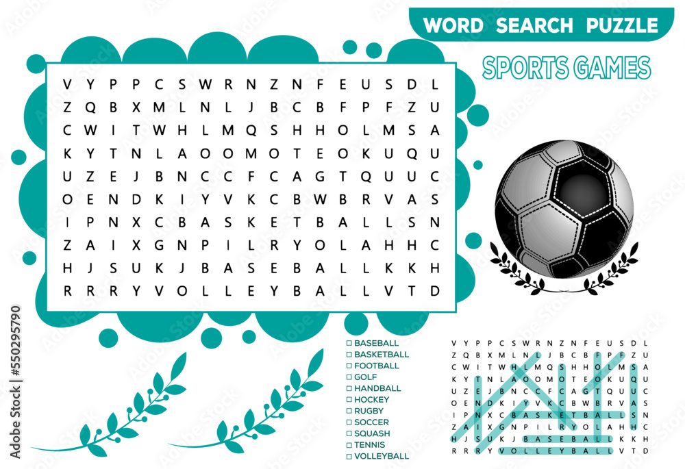 Sport games themed word search puzzle for kids. answer included. fun ...