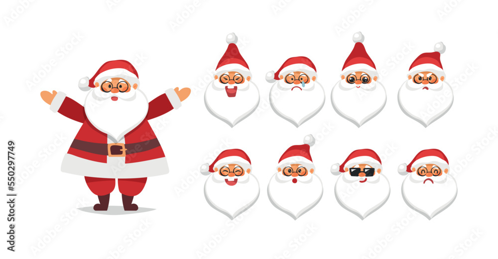 Emoji set of Santa Claus head with different emotions, angry, surprised ...