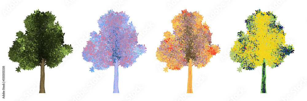 A set of multi-colored deciduous trees with a crown tousled in ...