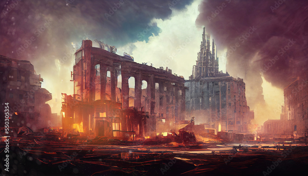 Destroyed Buildings On Fire