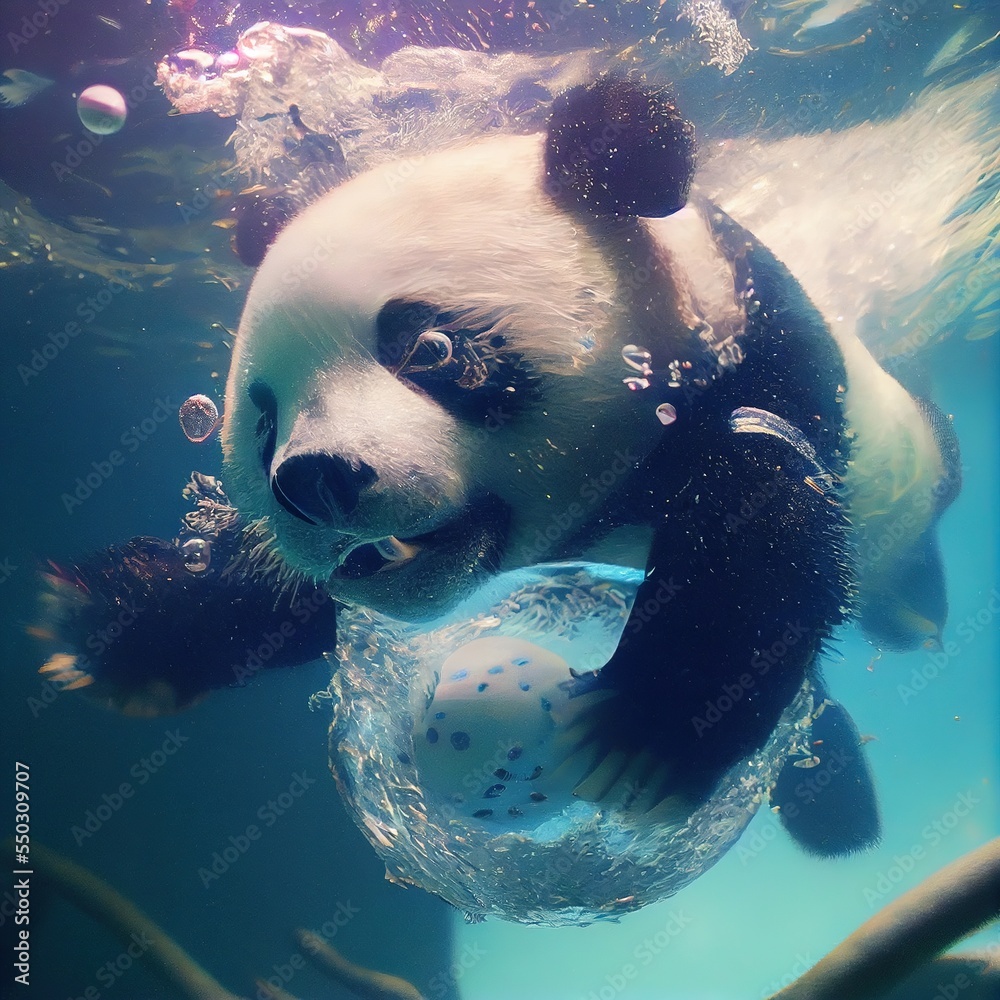 Cute panda dives under the water for a ball. A water-swimming panda ...