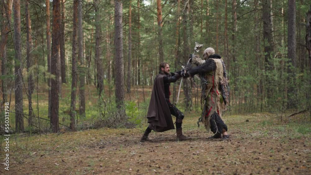 Large arc fights off attack and pushes knight on ground on dense forest ...