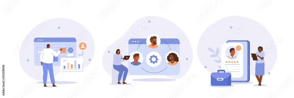 Business illustration set. Characters hiring new employees, planning ...