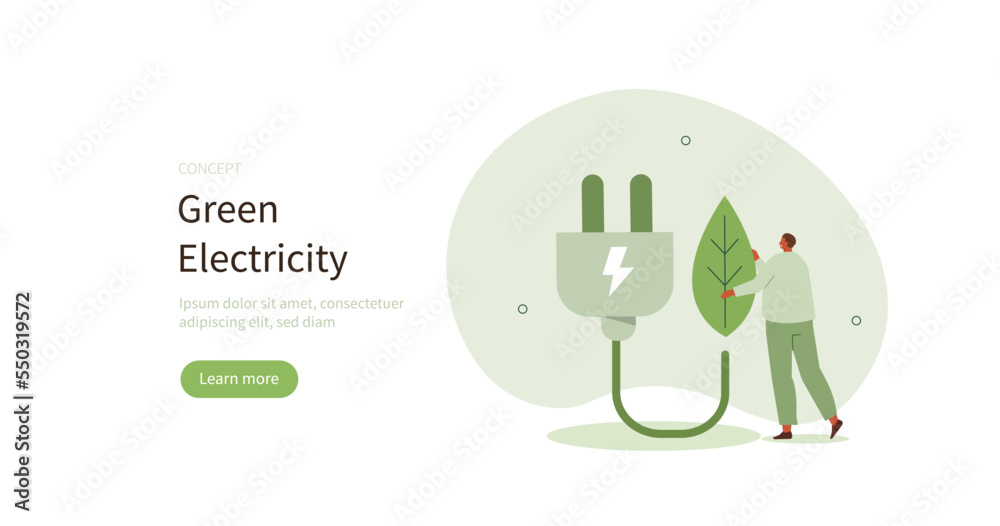 Sustainable power. Character using clean renewable energy resources and ...