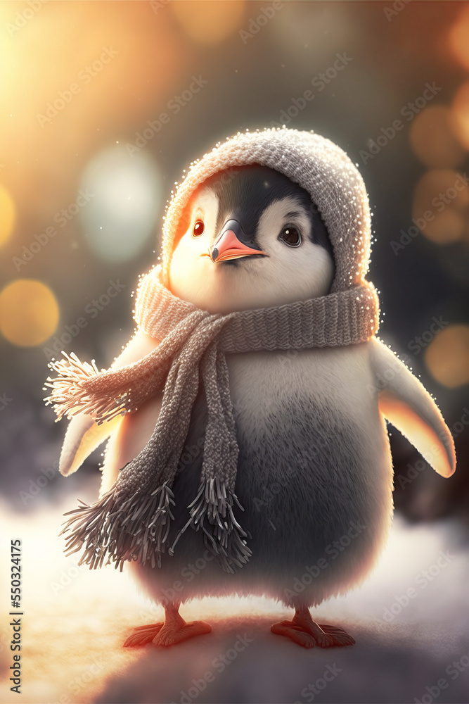 Little cute baby penguin on cold Winter Christmas day in warm clothes ...