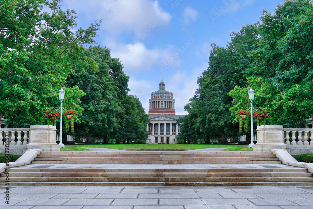 Rochester, NY - Stone steps leading up to the main tree lined courtyard ...