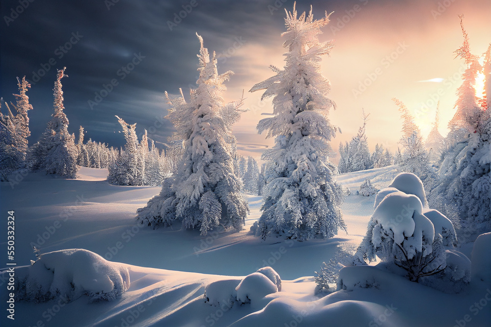 White winter spruces in the snow on a frosty day. Perfect wintry ...